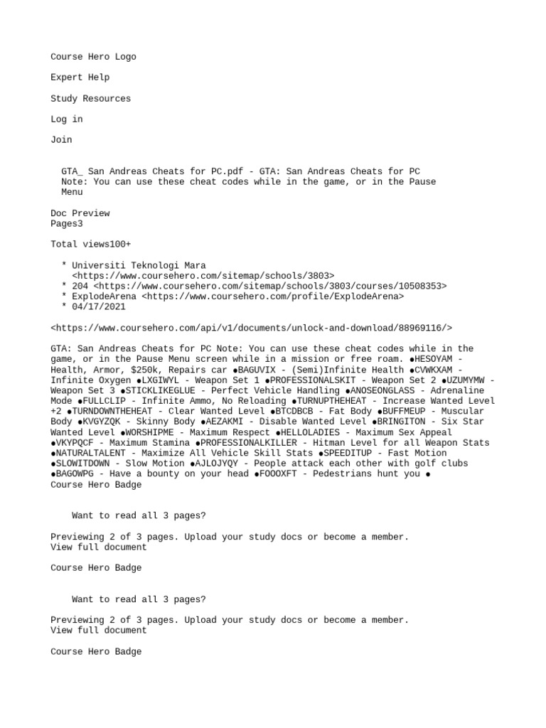 GTA - San Andreas Cheats For PC - PDF - GTA San Andreas Cheats For PC Note You Can Use These ...