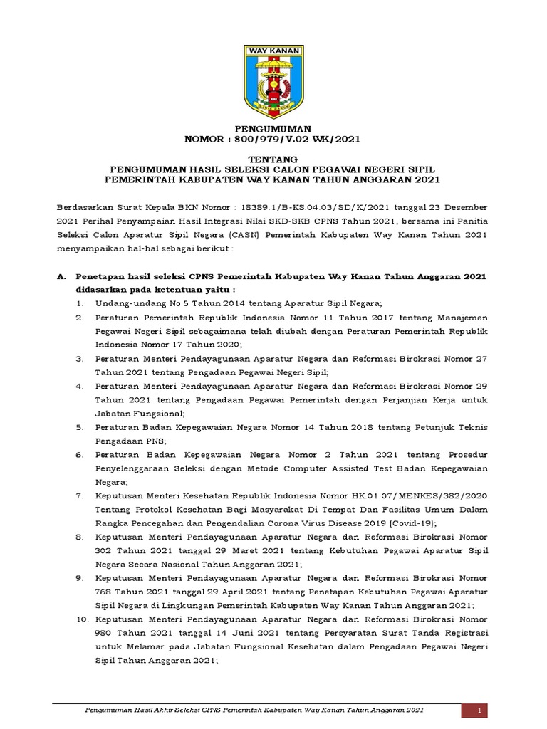 Hasil Seleksi CPNS Way Kanan 2021 | PDF