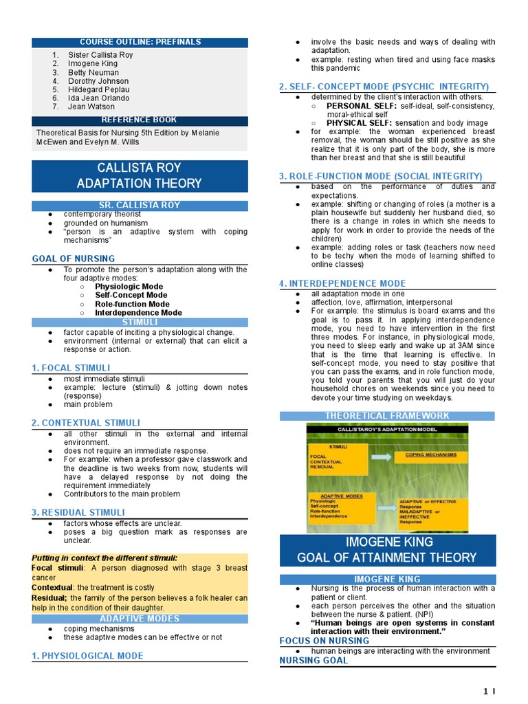 Nursing Theories Reviewer Prefinals | PDF | Nursing | Preventive Healthcare