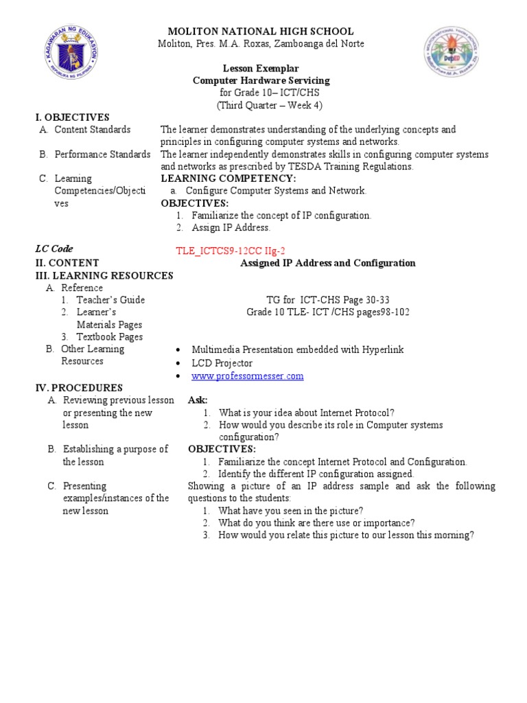 Lesson Exemplar ICT Q3 LESSON EXEMPLAR ICT-CHS10 - IP CONFIGURATION | PDF