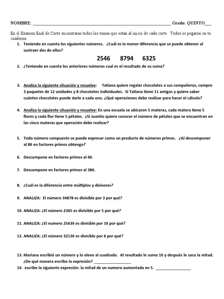 Examen Final de Matemáticas 5° Grado | PDF | Matemática Elemental