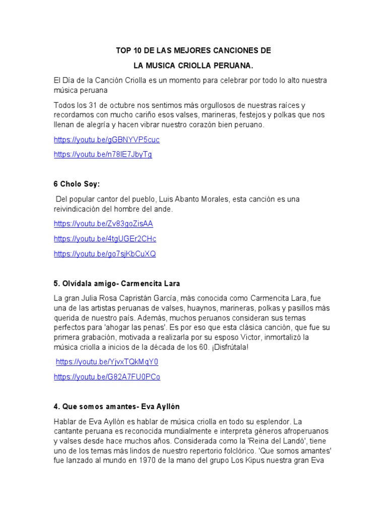 Top 10 Canciones Criollas Peruanas | PDF | Musica Latinoamericana
