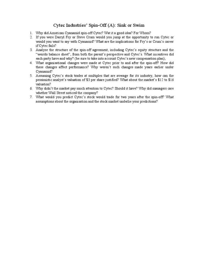 Cytec Industries Spin Off (A) Sink or Swim Questions | PDF