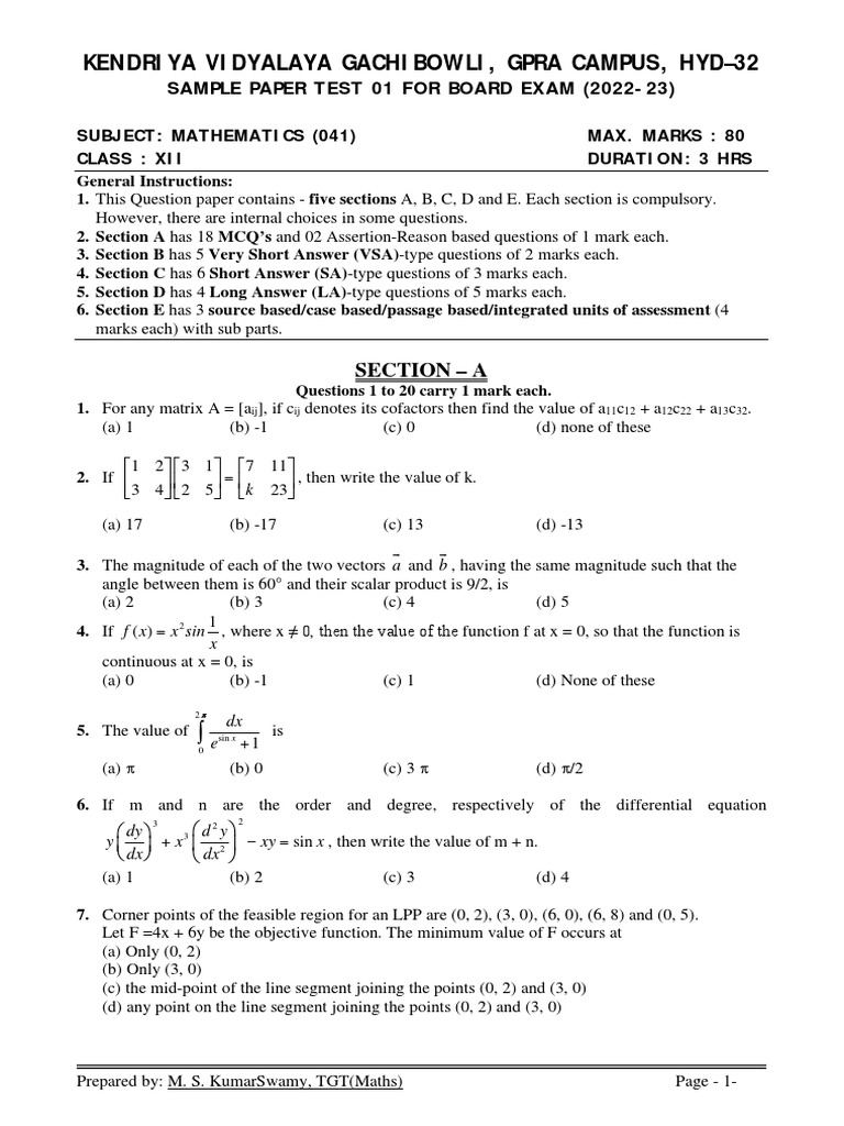 Maths Class Xii Sample Paper Test 01 For Board Exam 2023 | PDF | Maxima ... Maths Class Xii Sample Paper Test 01 For Board Exam 2023 | PDF | Maxima ...