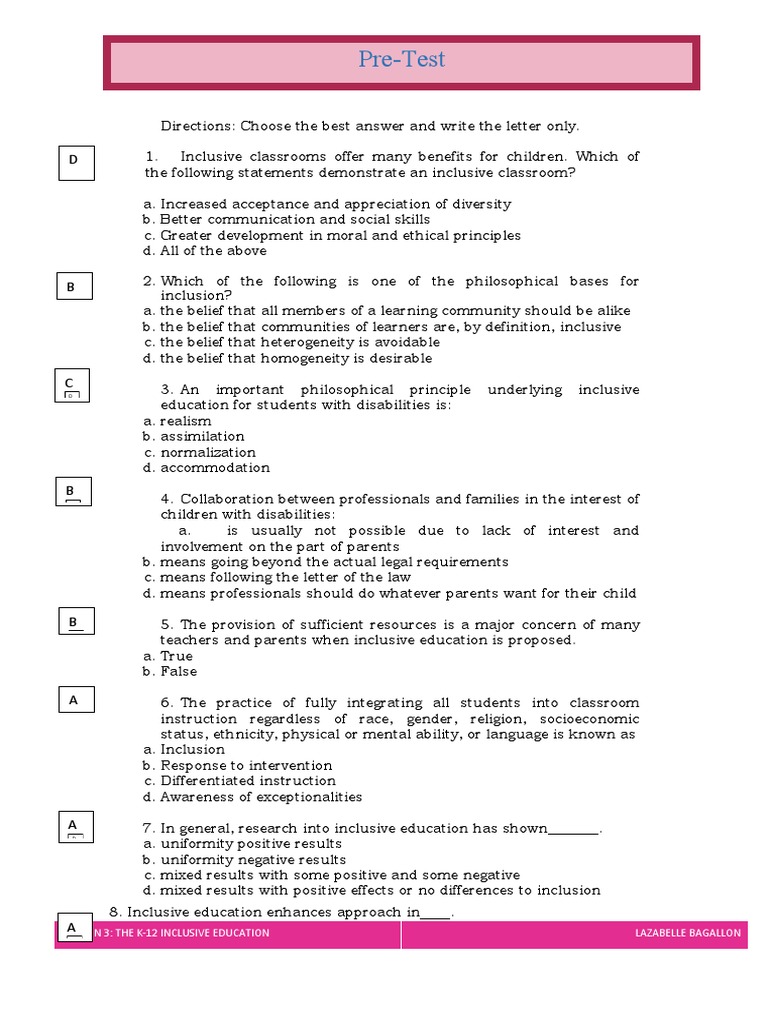 Pre-Test: Session 3: The K-12 Inclusive Education Lazabelle Bagallon ...