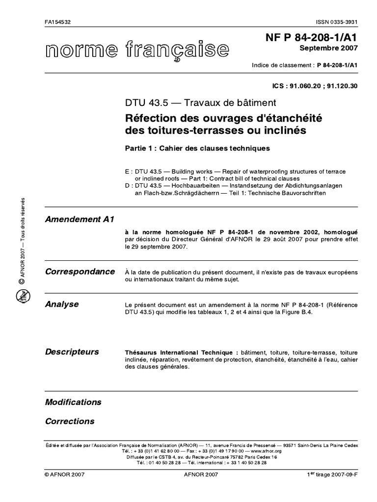 Dtu 43-5 - Réfection Des Toitures-Terrasses | PDF | Code de la construction et de l'habitation ...