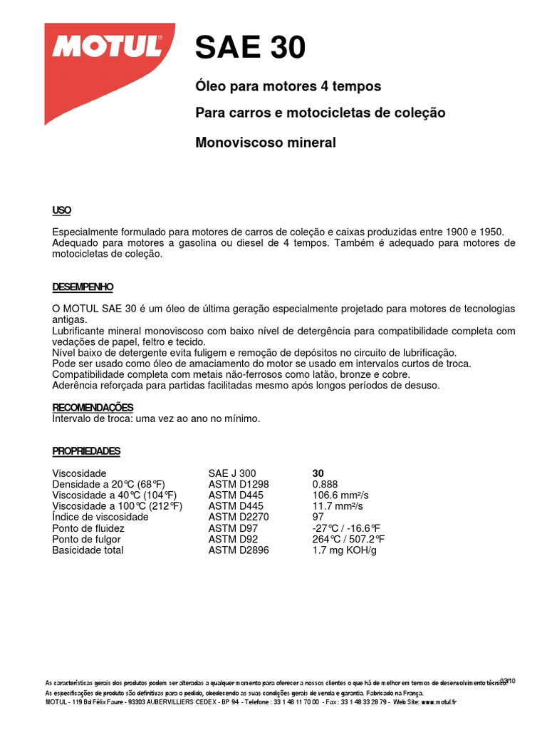 SAE 30 Especificação | PDF | Óleo de motor