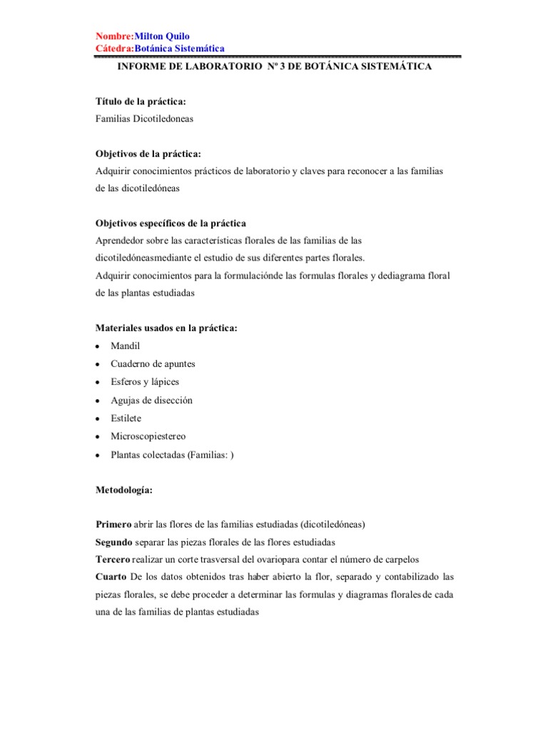 Informe de Botanica S Sobre Las Plantas Dicotiledoneas Milton Quilo ...