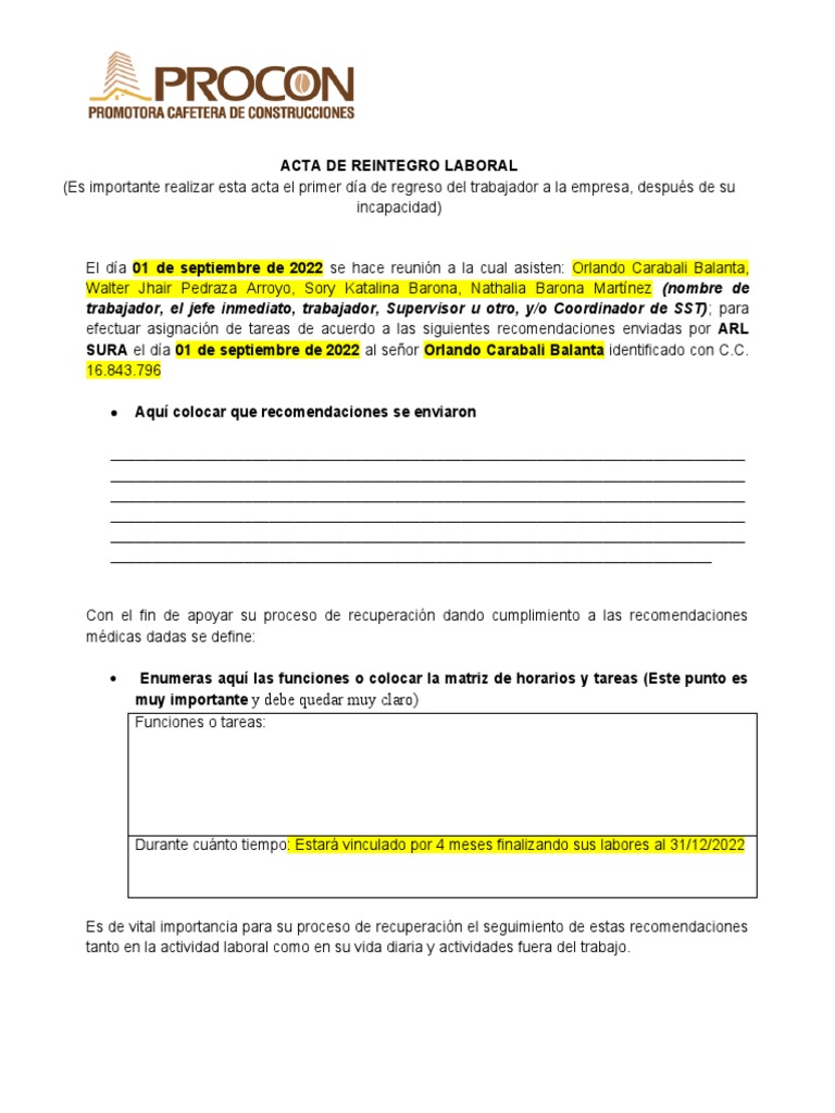 Acta de Reintegro Laboral | PDF
