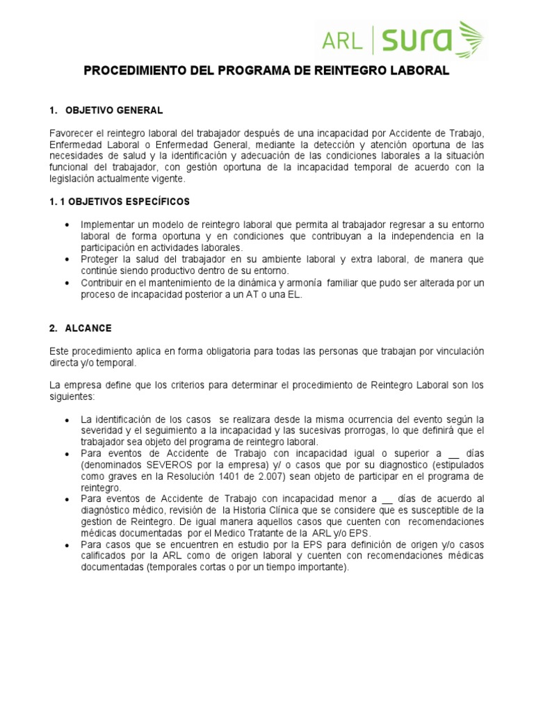 Procedimiento Del Programa de Reintegro Laboral | PDF | Trastorno mental | Historial médico