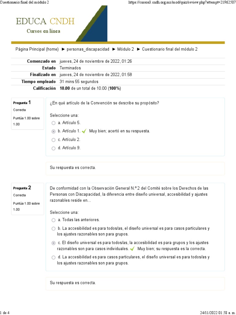 Cuestionario Final Del Módulo 2 Personas Con Discapacidad | PDF