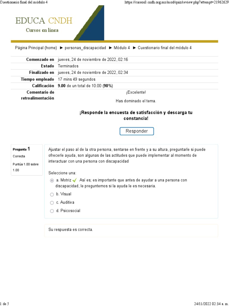 Cuestionario Final Módulo 4: Discapacidad | PDF