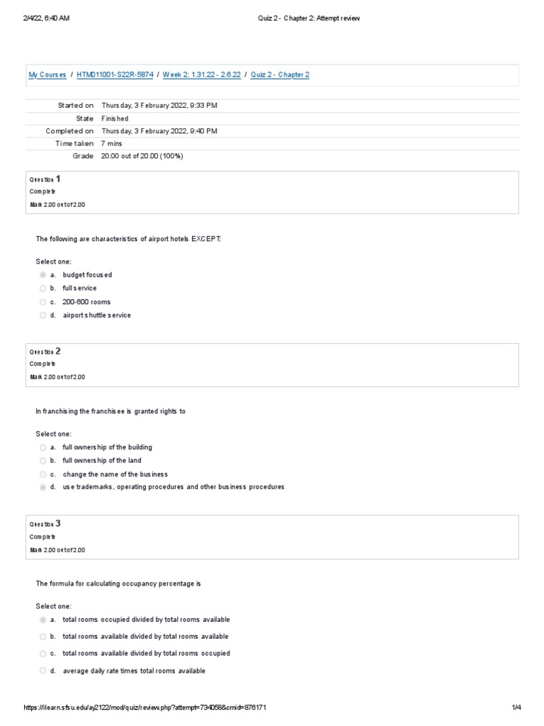 Quiz 2 - Chapter 2 - Attempt Review | PDF | Hotel | Franchising