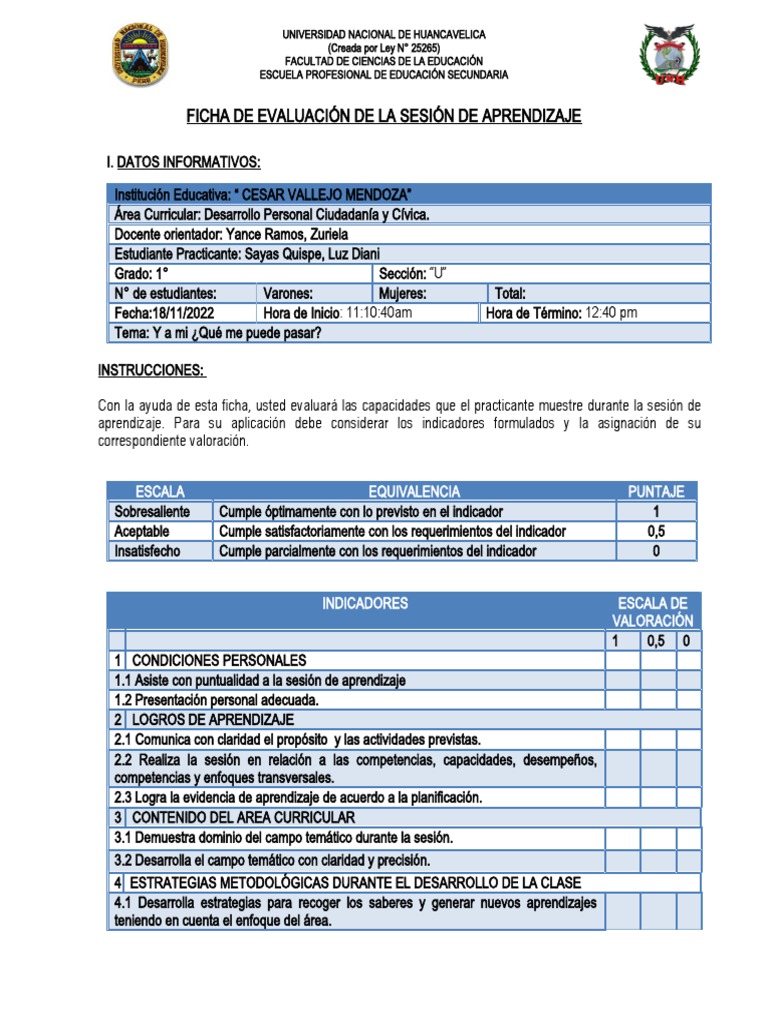 Ficha de Evaluación de Sesión de Aprendizaje | PDF | Aprendizaje | Evaluación