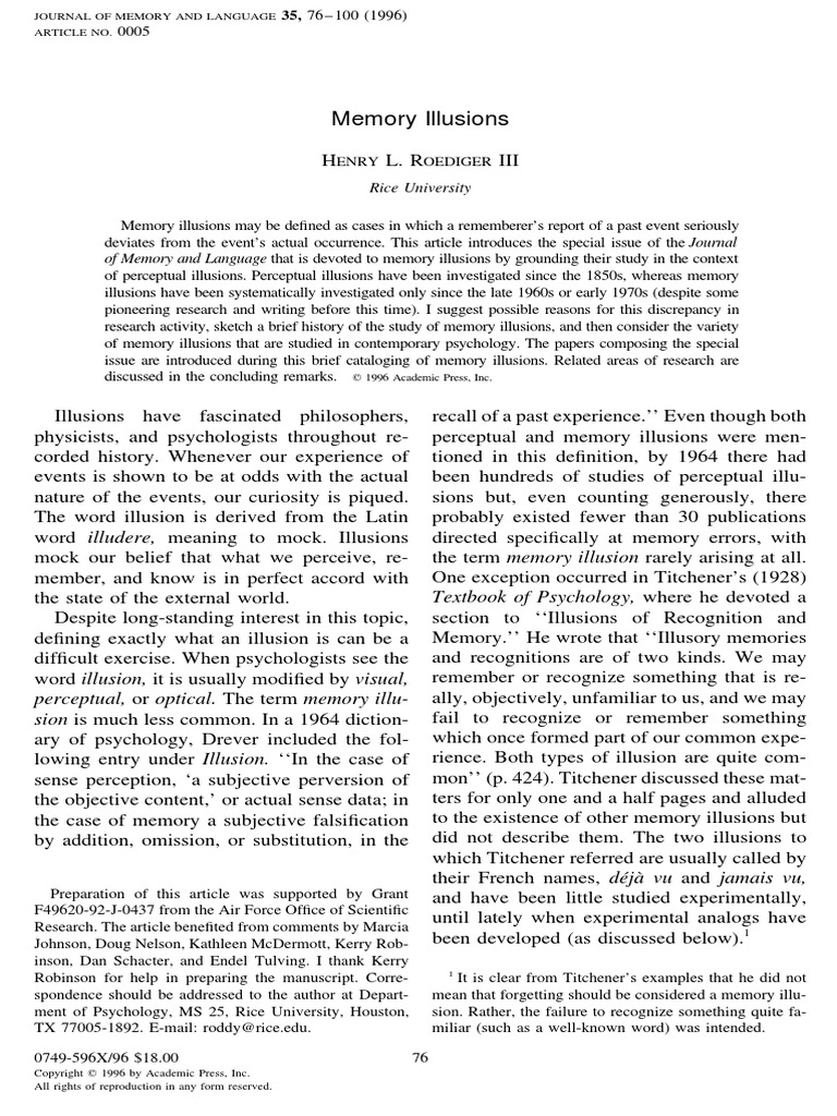 Memory Illusions | PDF | Perception | Recall (Memory)