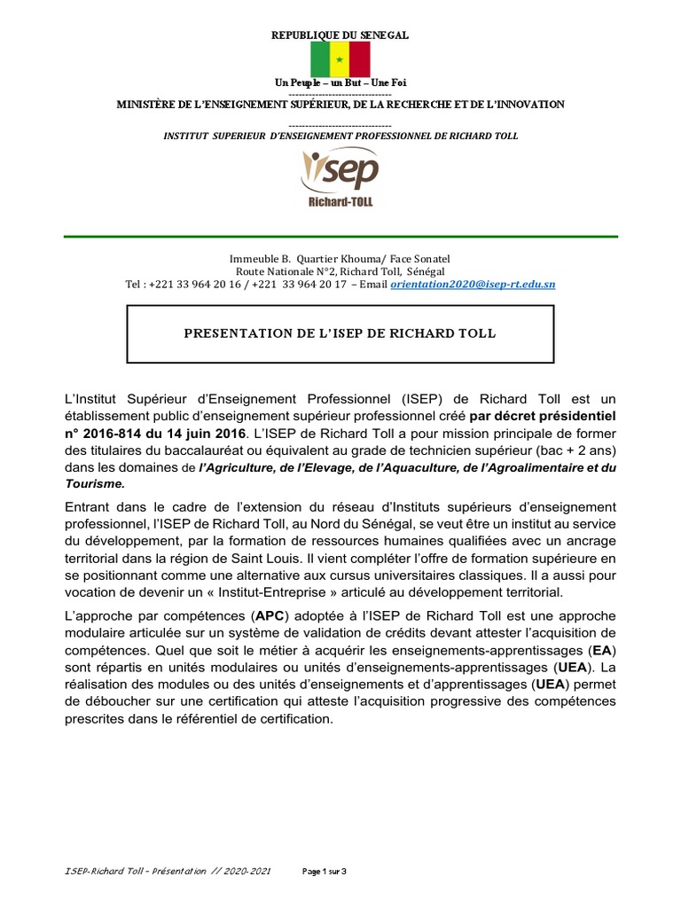 Presentation ISEP Richard Toll 2020 - 2021 | PDF