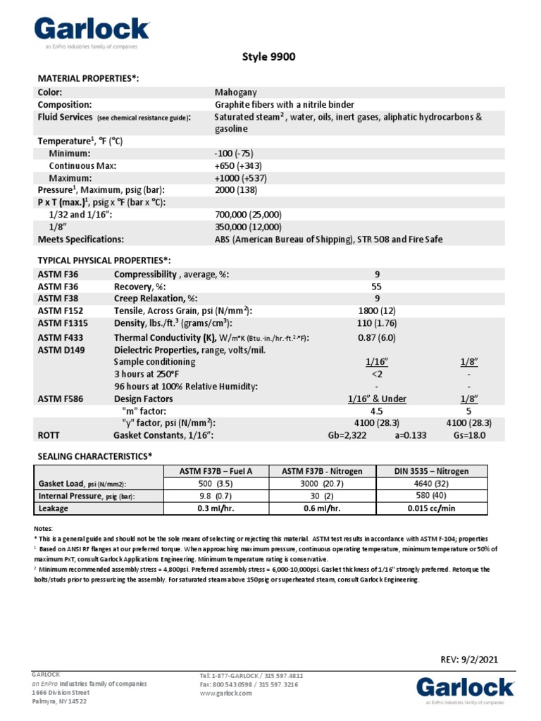 Garlock Style 9900 Spec Sheet - (NA) 2021-09 EN | PDF | Materials ...