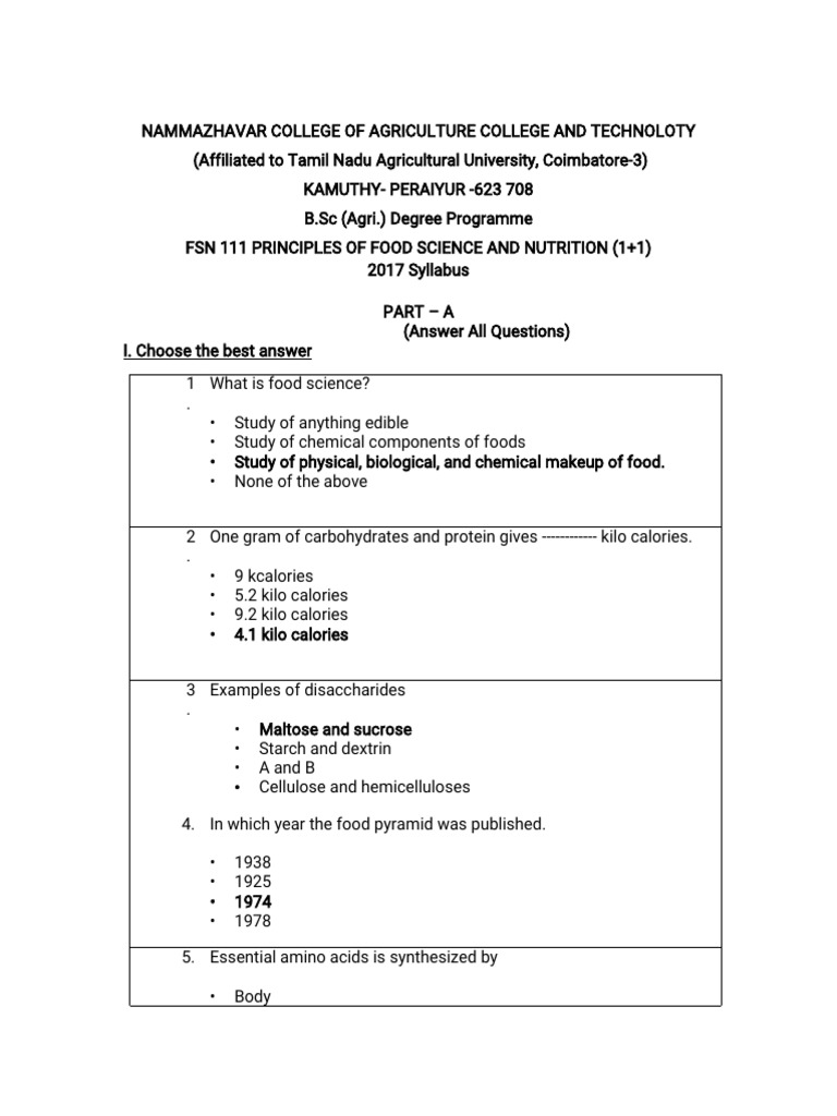 FSN 111 Principles of Food Science and Nutrition Question Paper | PDF ...