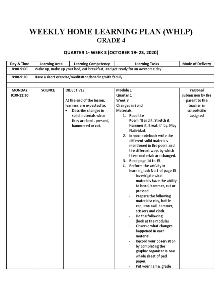 Weekly Home Learning Plan Grade 4 Q 1 Week 3oct.19 232020 | PDF | Learning