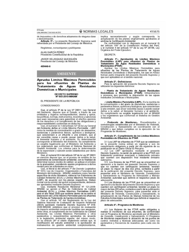 ANEXO #05 Normas Legales D. S #003 - 2010 - MINAM | PDF