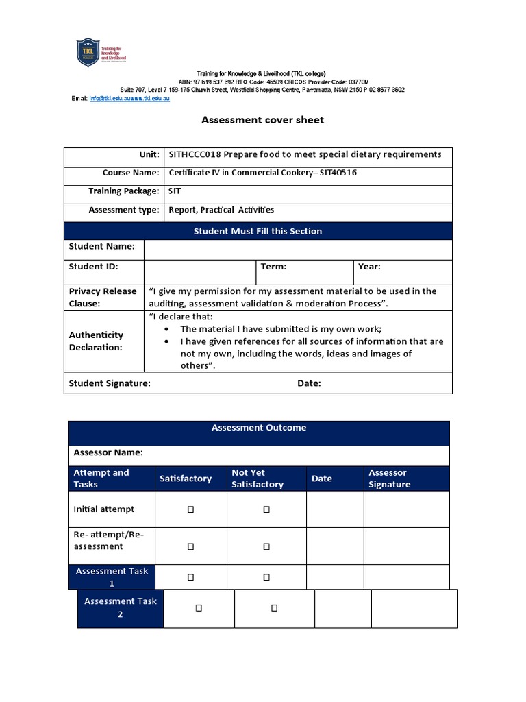 SITHCCC018 Student Assessment Tasks - Updated | PDF