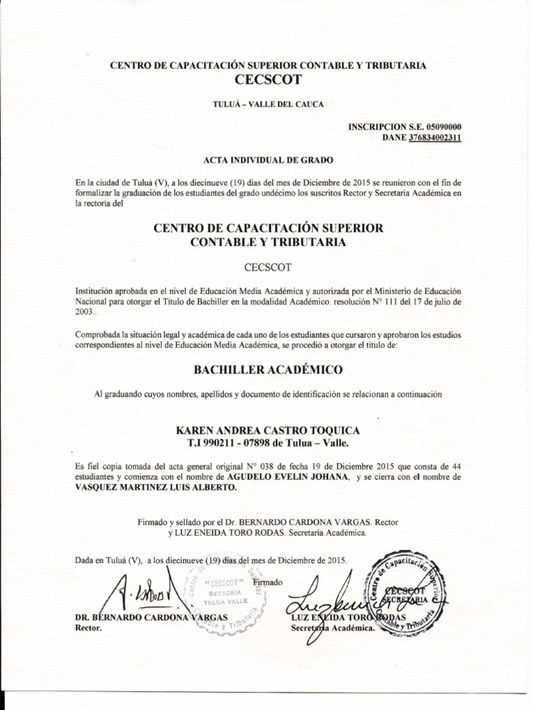 Certificado Acta Bachiller PDF | PDF