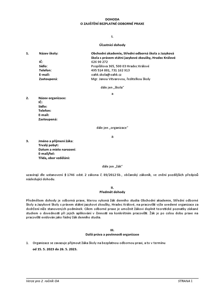 2.roč DOHODA - O - PRAXI - 2022-23 - OA | PDF