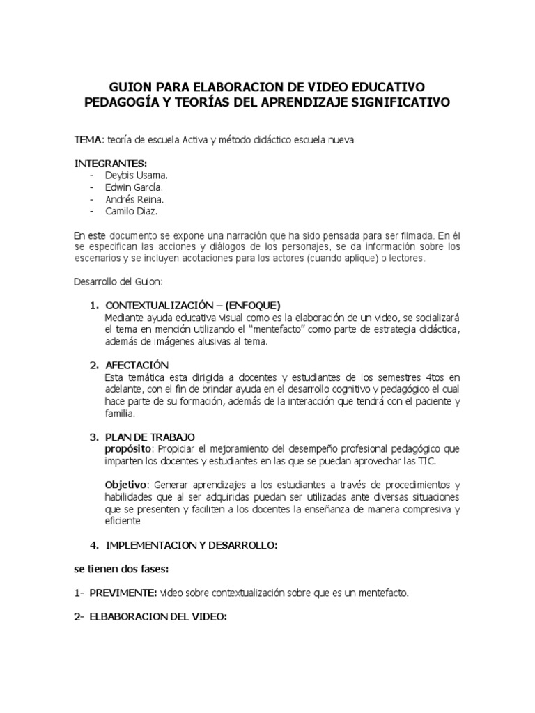 Guion - Elaboracion de Video Teoria Escuela Activa y Escuela Nueva ...