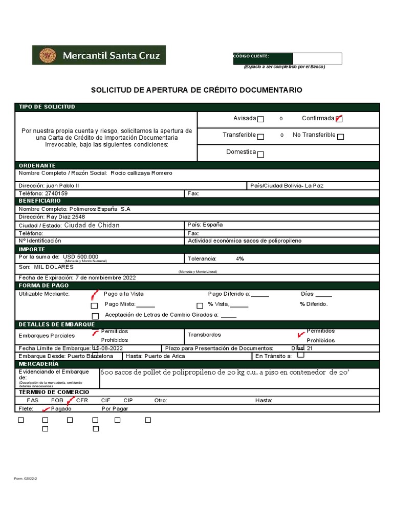 Formulario de Credito Documentario | PDF | Carta de crédito | Economias