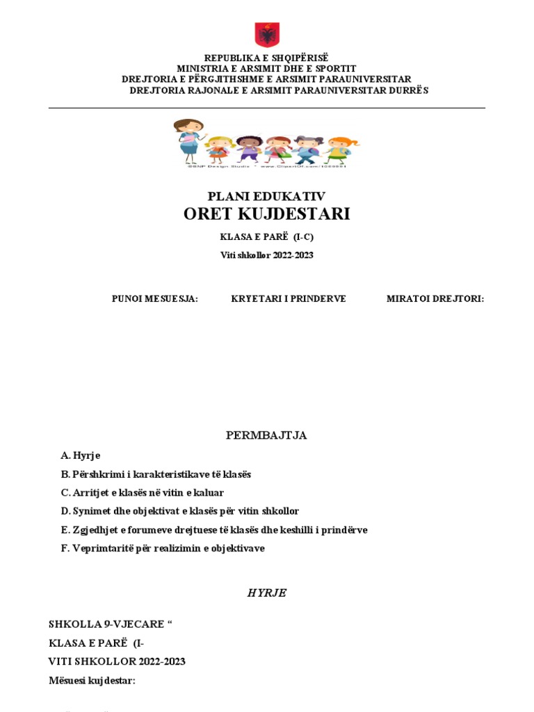 Plani Edukativ I OREVE KUJDESTARI | PDF