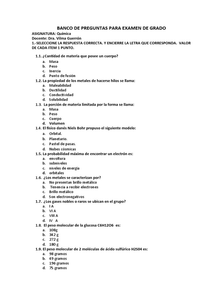 Cuestionario para El Examen Grado de Química | PDF | Carbón | Alcano