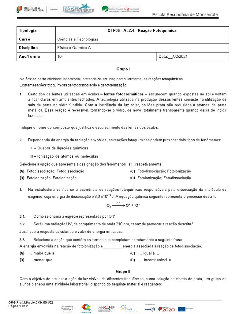 Ficha Qtp06 FQ | PDF | Fotoquímica | Reações químicas