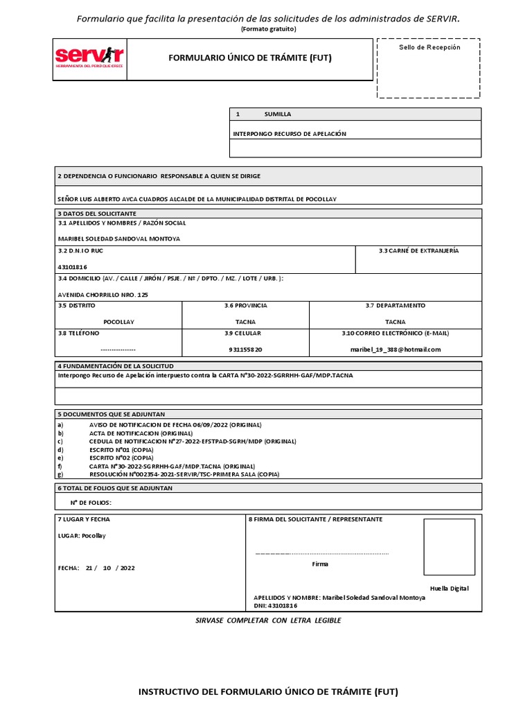 FUT-Formulario Unico de Tramite SERVIR | PDF