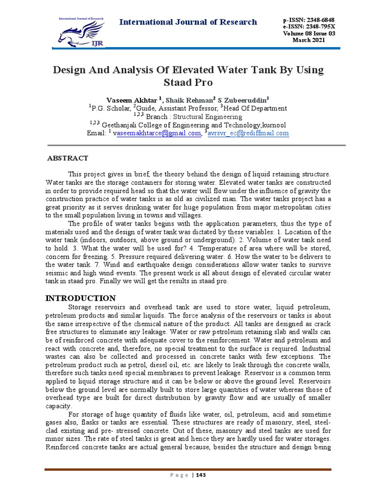 Design and Analysis of Elevated Water Tank by Using STAAD PRO | PDF