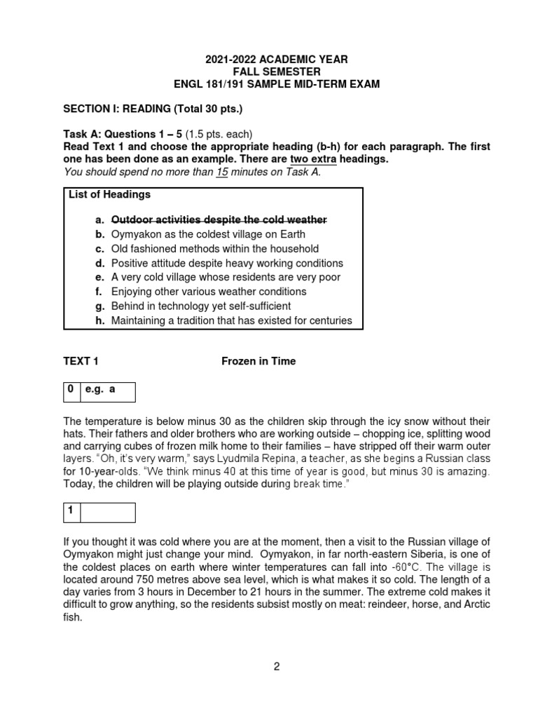 ENGL 181-191 Sample Mid-Term Exam | PDF | Reindeer | Ice