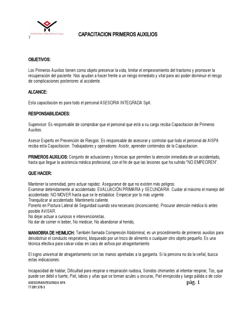 Capacitacion Primeros Auxilios | PDF | Reanimación cardiopulmonar | Primeros auxilios