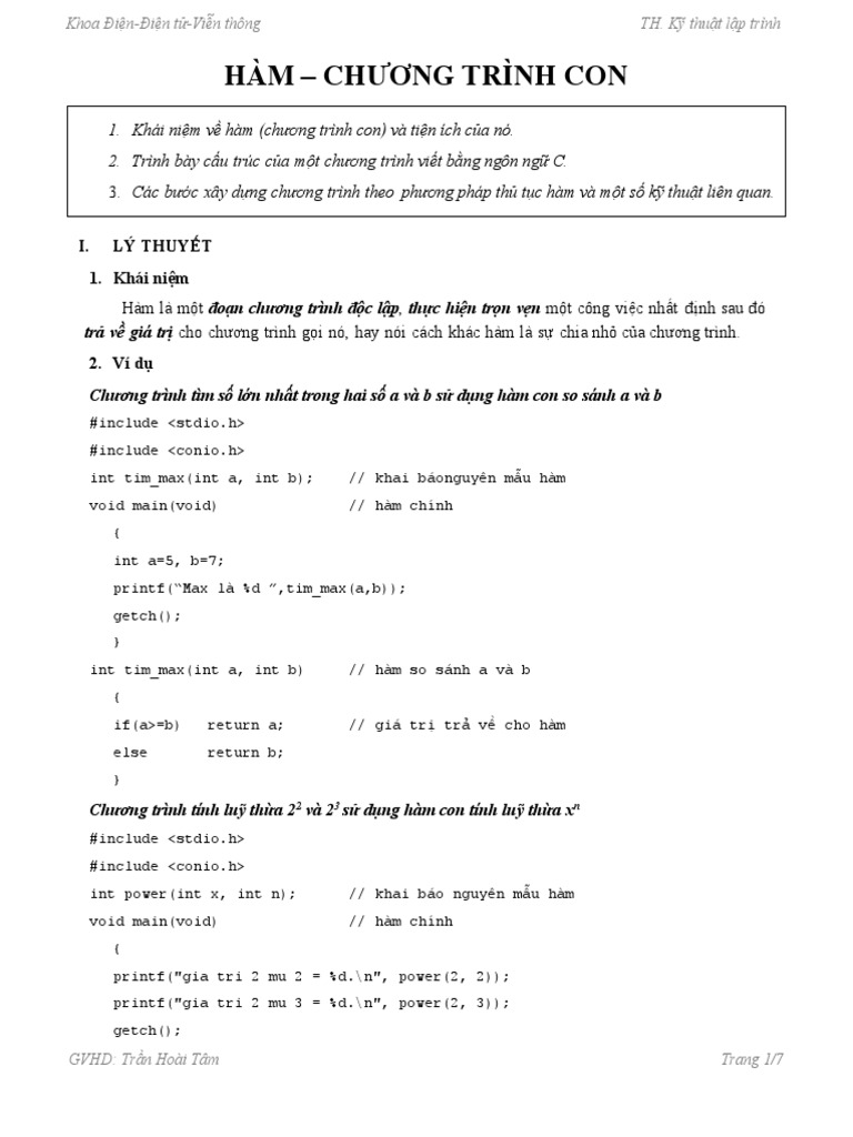 Hàm - Chương Trình Con: 3. Các bước xây dựng chương trình theo phương pháp thủ tục hàm và một số ...