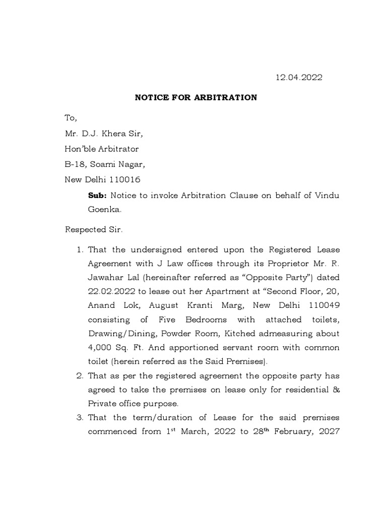 Legal Notice To Arbitration Syed Kamran Ali, Advocate | PDF | Lease | Arbitration