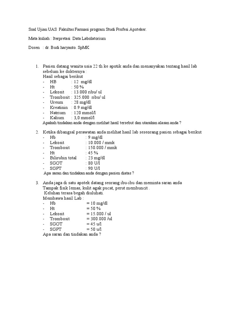 Soal Ujian UAS Fakultas Farmasi Program Studi Profesi Apoteker | PDF