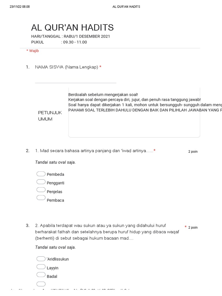 Soal Ujian Al-Qur'an Hadits 2021 | PDF