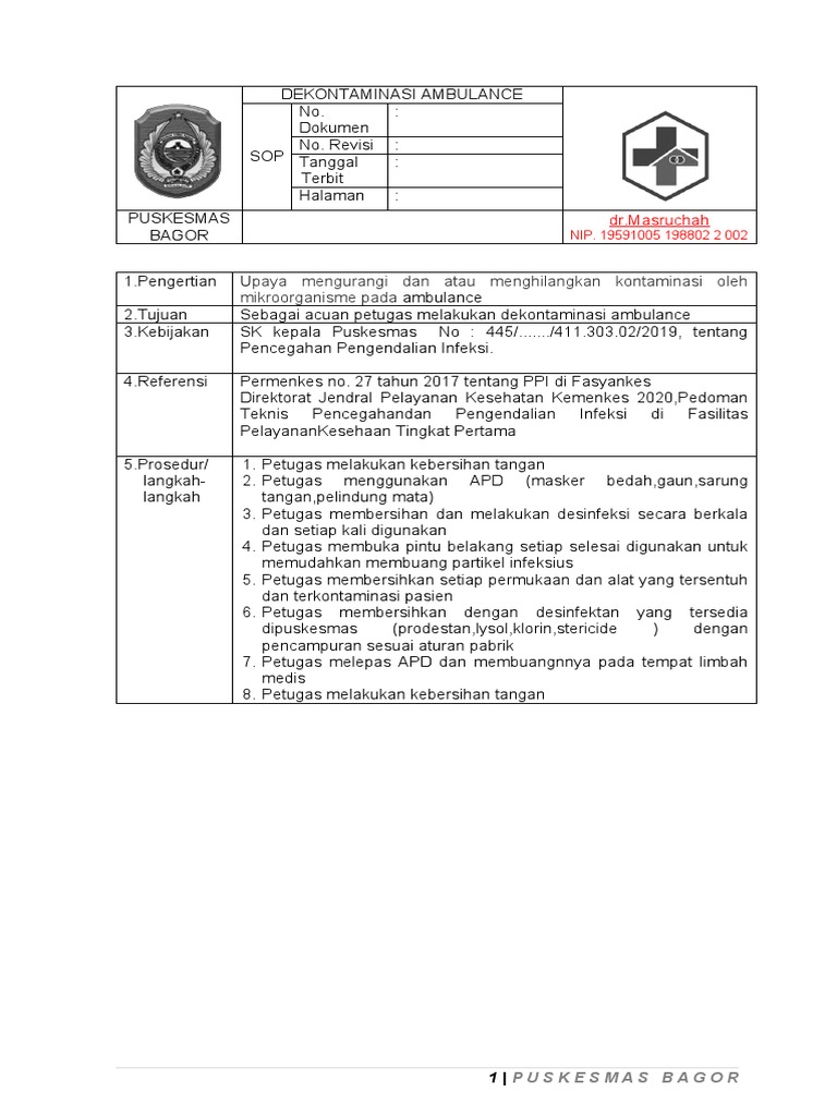 Sop Dekontaminasi Ambulance 2021 | PDF
