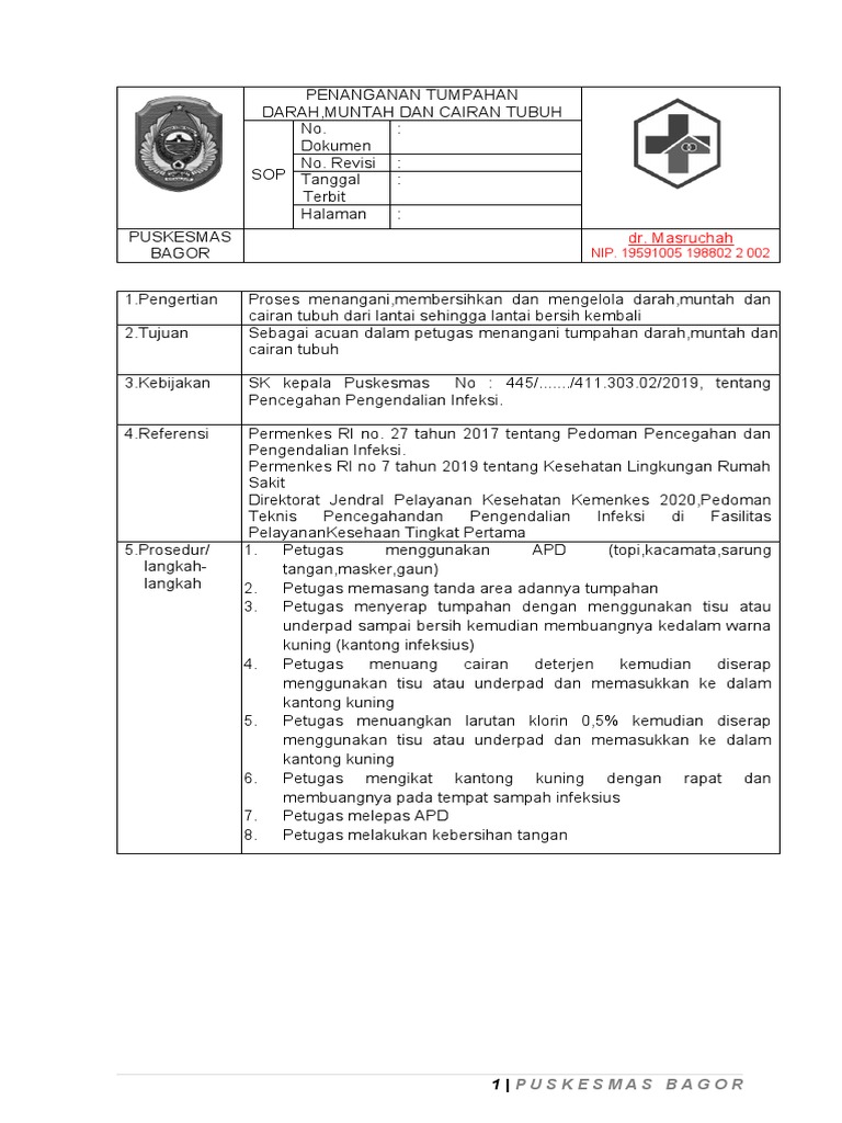 Sop Penanganan Tumpahan Darah 2021 | PDF
