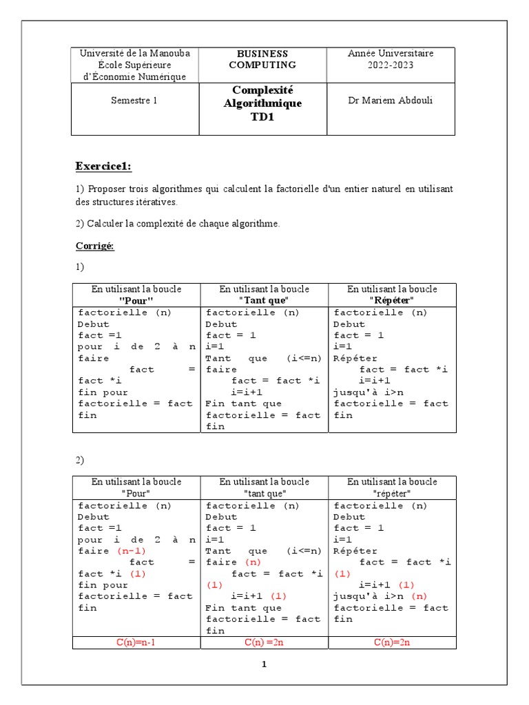 TD 1 Complexité Algorithmique | PDF | Méthodes et références pédagogiques