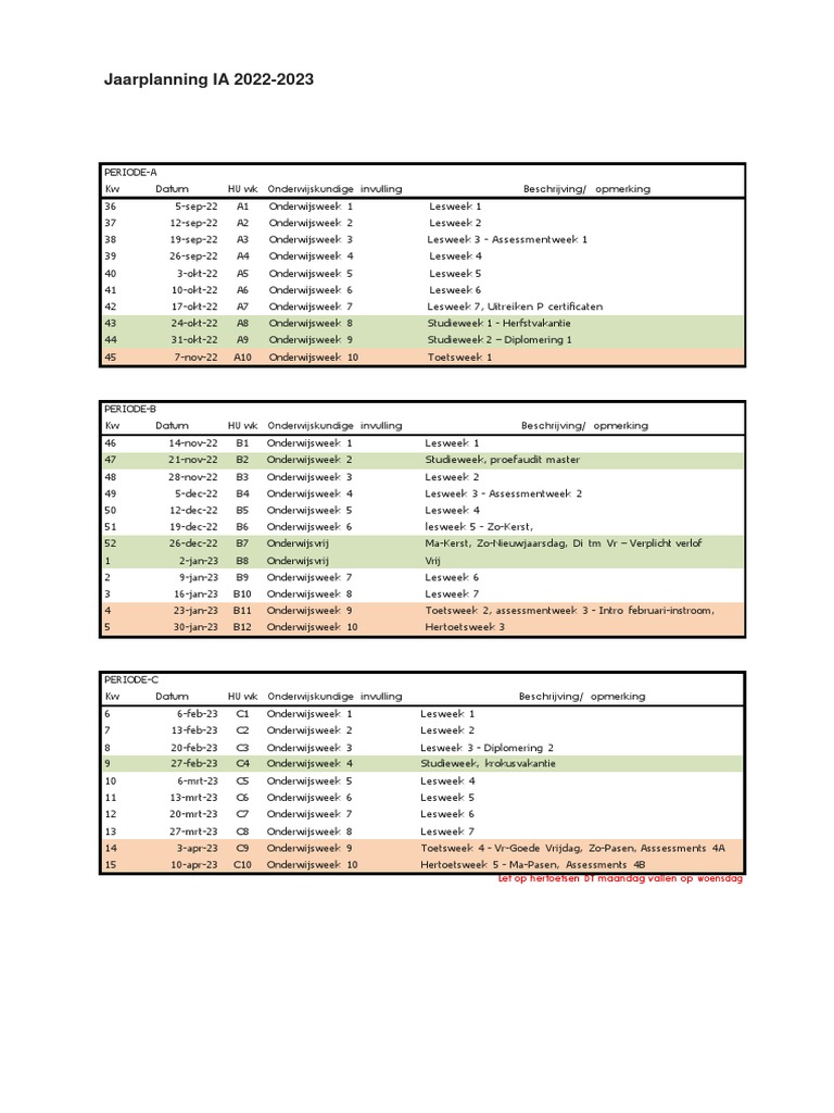Onderwijsjaarrooster HU IA 2022-2023 | PDF