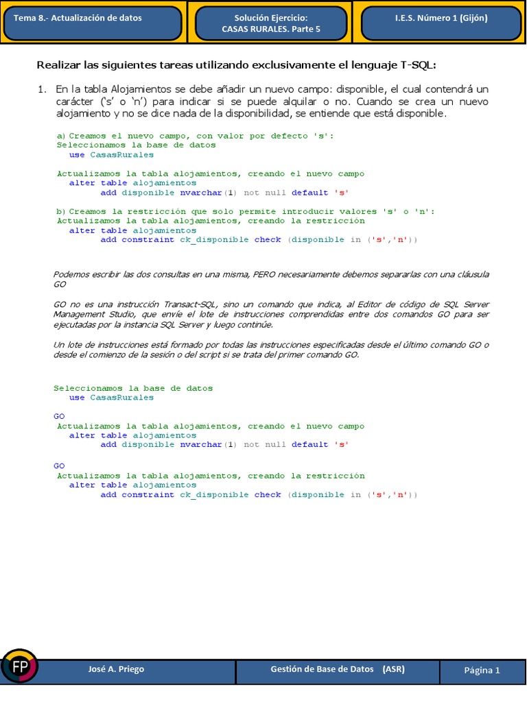 UD08 Tema 08 Solucion Ejercicio 5 CASAS RURALES Parte 5 | PDF | Servidor SQL de Microsoft ...