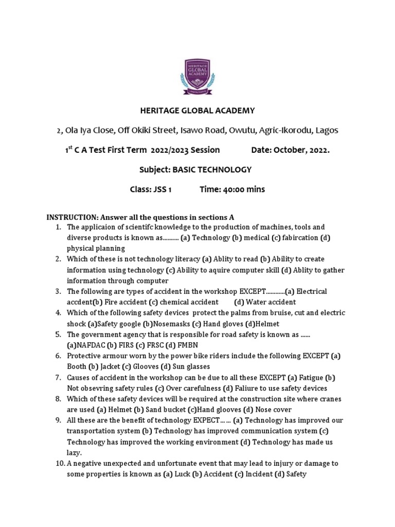Basic Tech Jss 1 Ist CA Test First Term 2022 | PDF