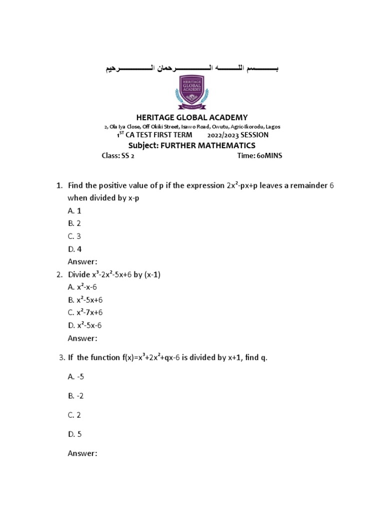 SS2 Further Math Exam | PDF | Numerical Analysis | Arithmetic