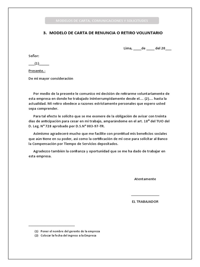 Modelo de Carta de Renuncia o Retiro Voluntario | PDF