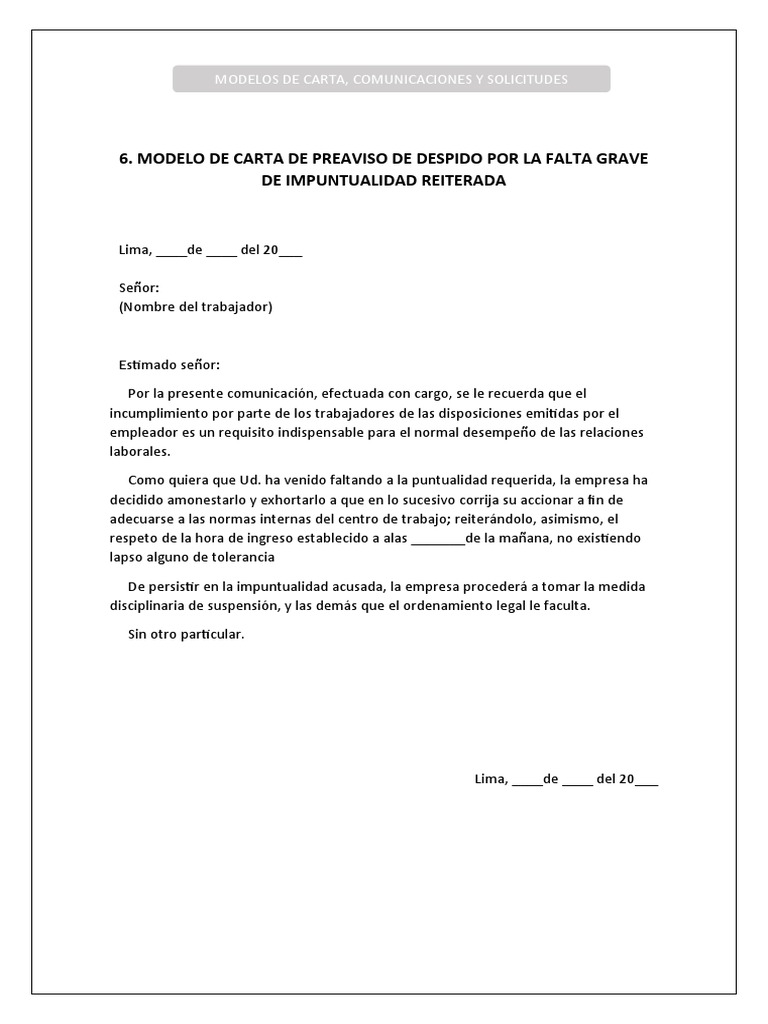 Modelo de Carta de Preaviso de Despido Por La Falta Grave de ...