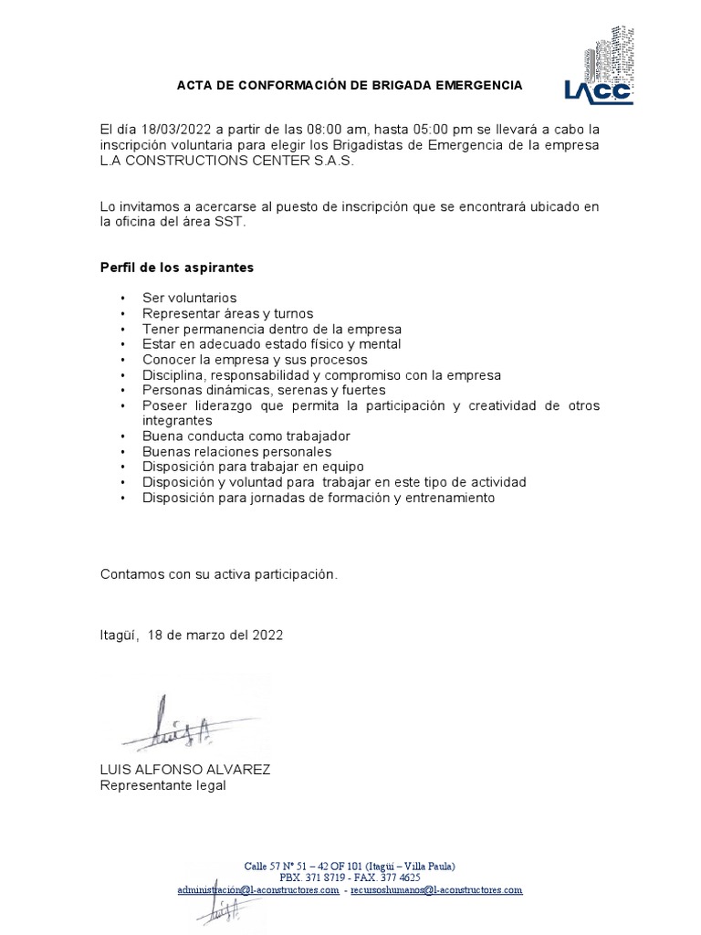 Acta de Conformacion de La Brigada 2022 | PDF Acta de Conformacion de La Brigada 2022 | PDF